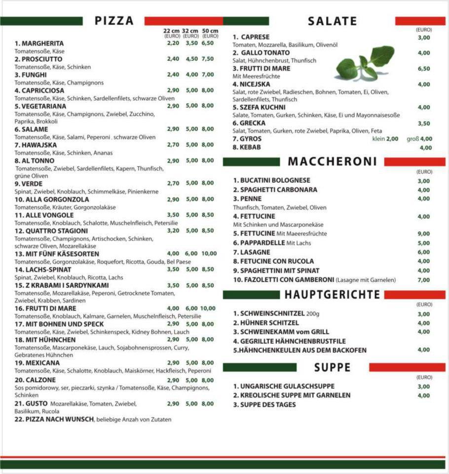 Menu at Pizzeria il Gusto, Gubin