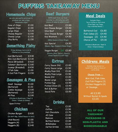 Menu at Puffins fast food, Weston-super-Mare