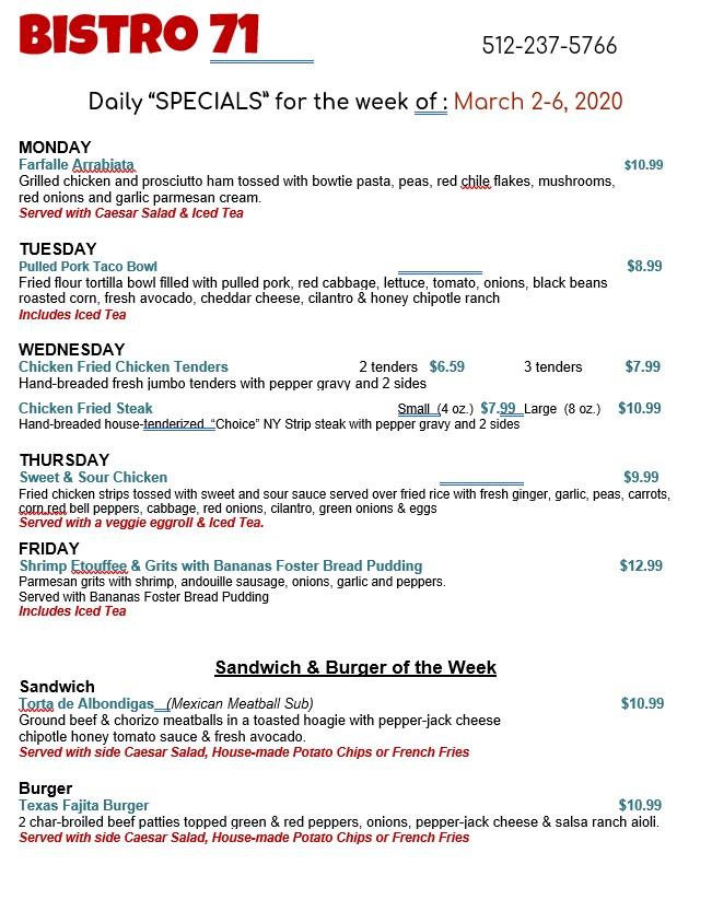 Menu at Bistro 71 cafe, Smithville