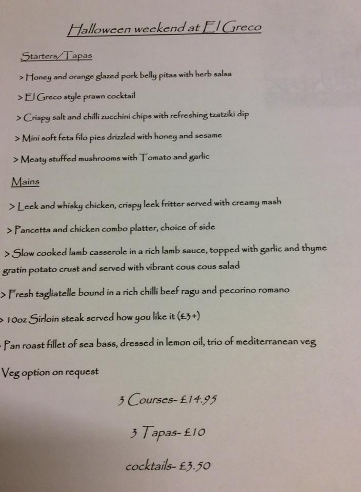 Menu at El Greco restaurant, Castlederg