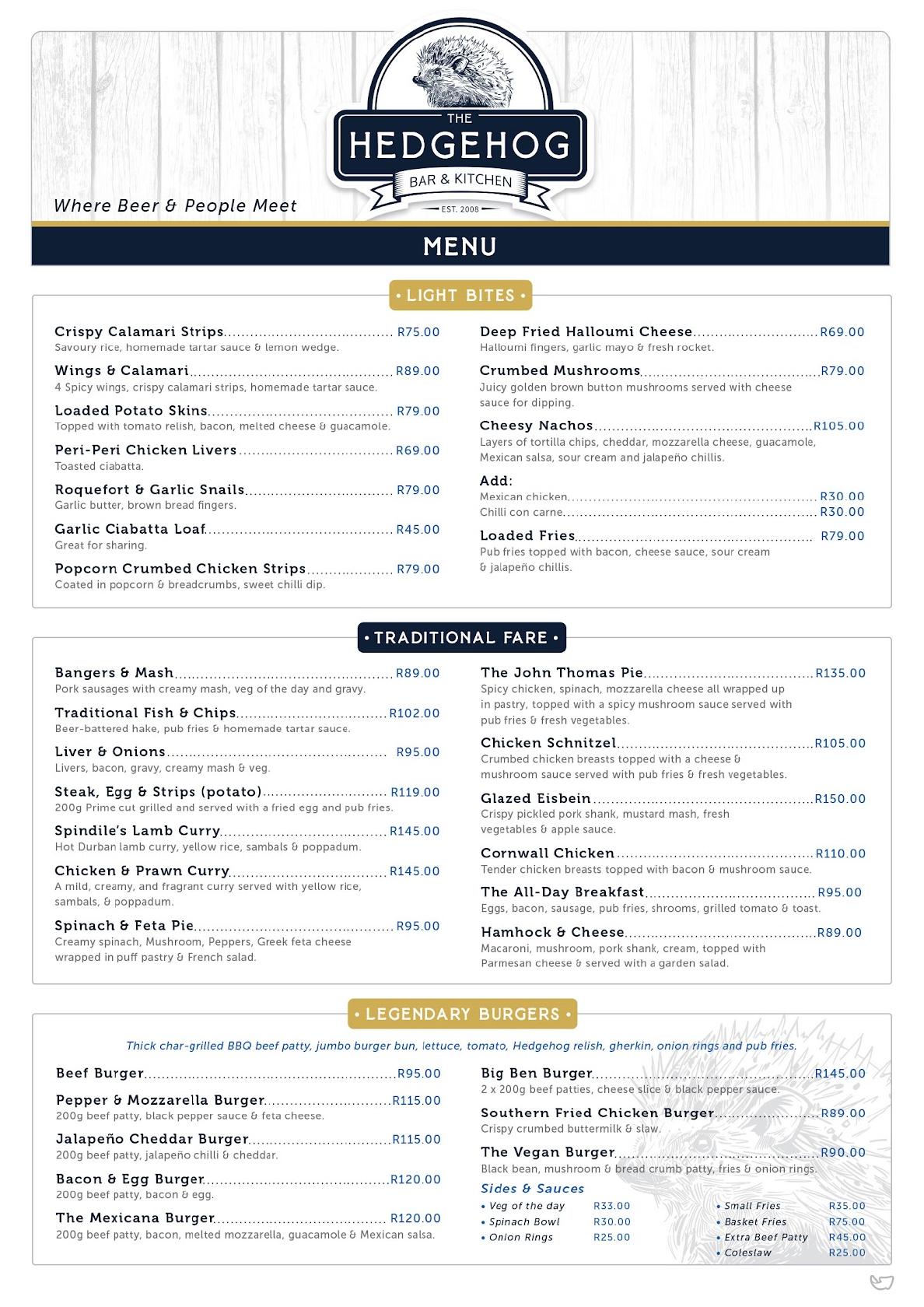 Menu at Hedgehog Bar & Kitchen, Pietermaritzburg