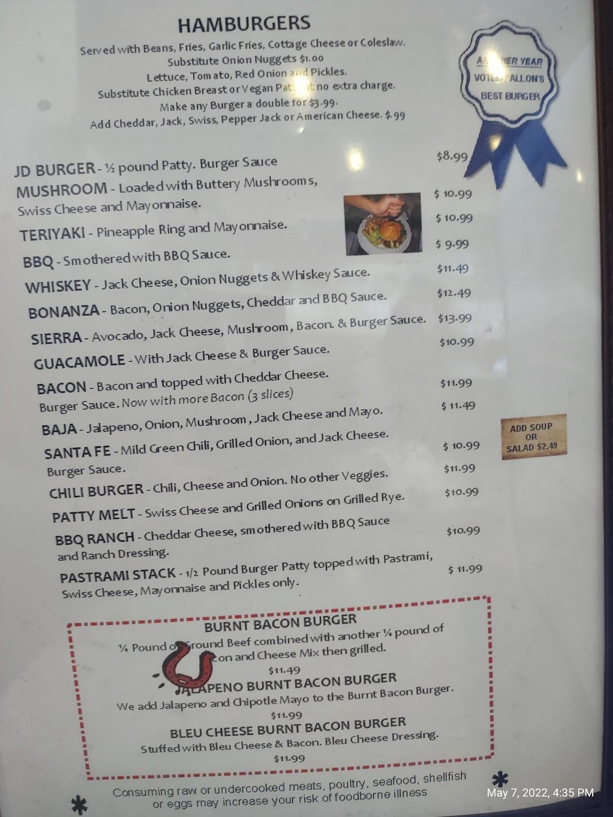 Menu at J D Slinger's Steakhouse, Fallon