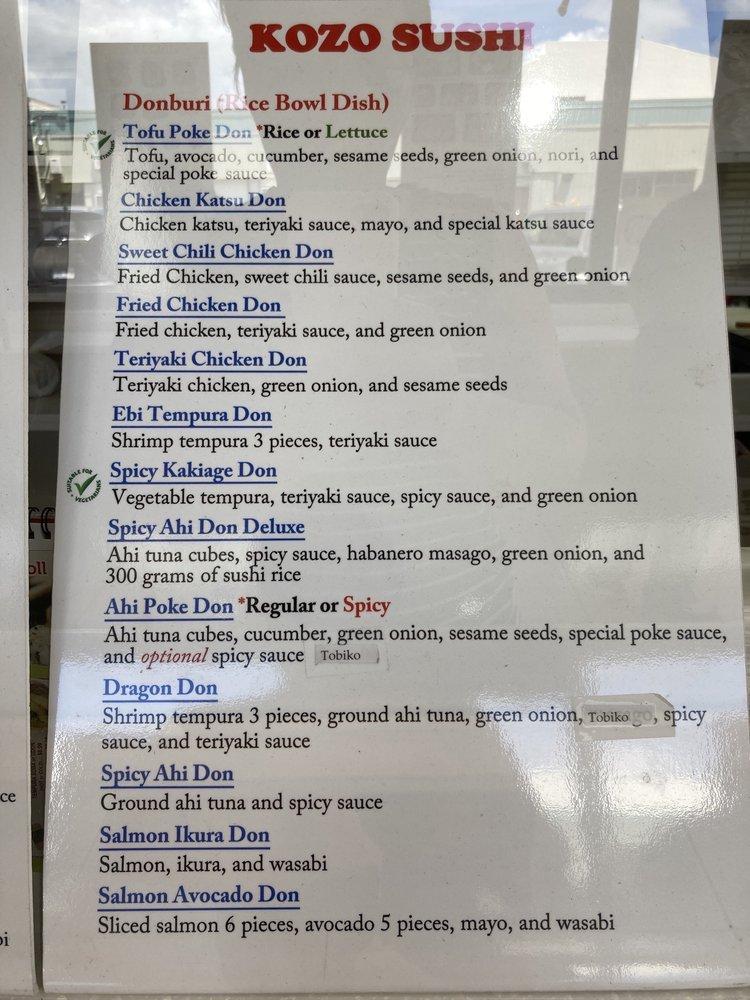 Menu at Kozo Sushi restaurant, Honolulu, S King St