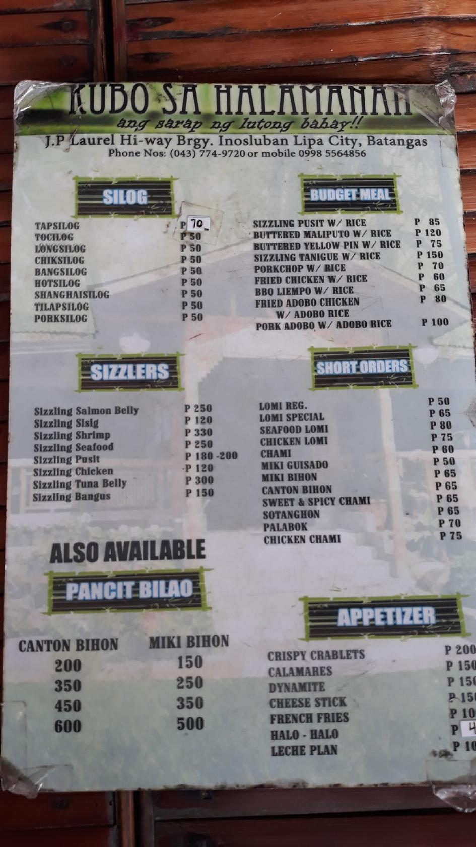 Menu at Kubo Sa Halamanan restaurant, Lipa, X5C7+388