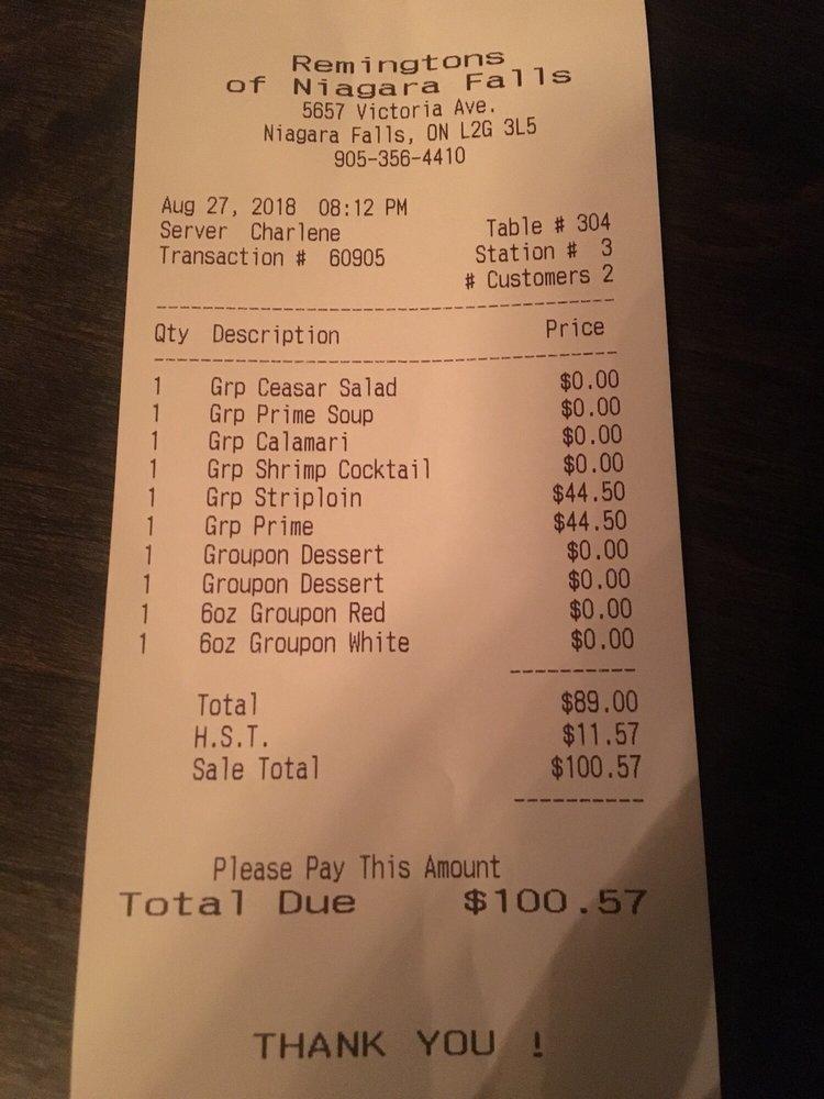 Menu at Remingtons of Niagara pub & bar, Niagara Falls