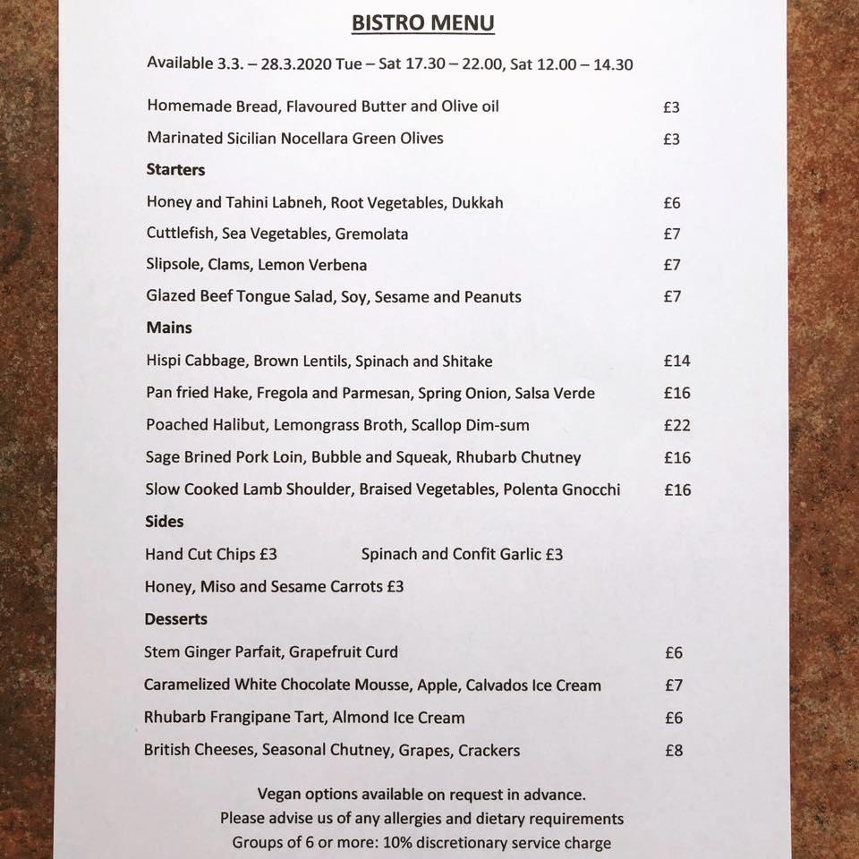 Menu at Semolina restaurant, Brighton