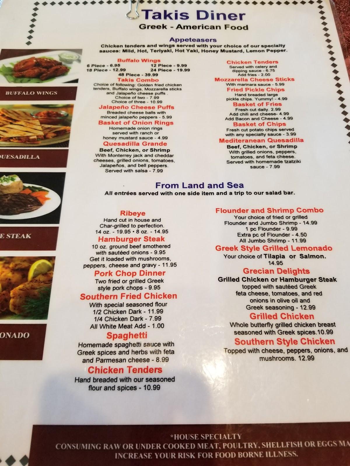 Menu at Takis Diner restaurant, Darlington