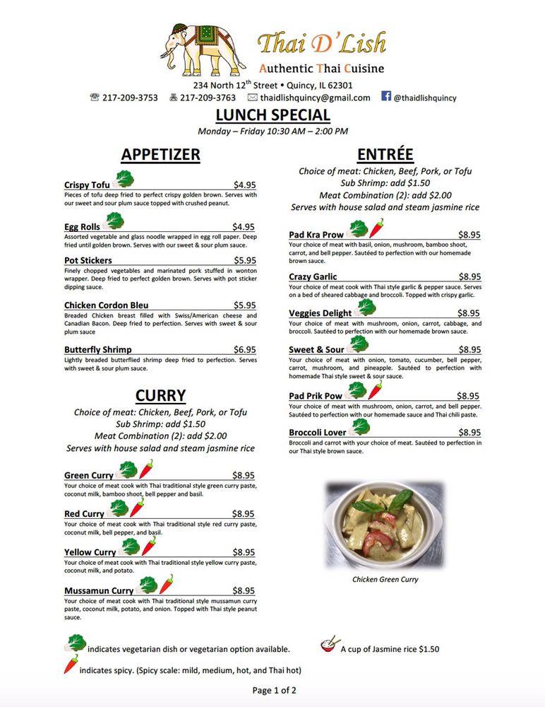 Menu at Thai D'Lish restaurant, Quincy