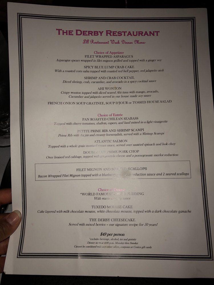 Menu at The Derby steakhouse, Arcadia