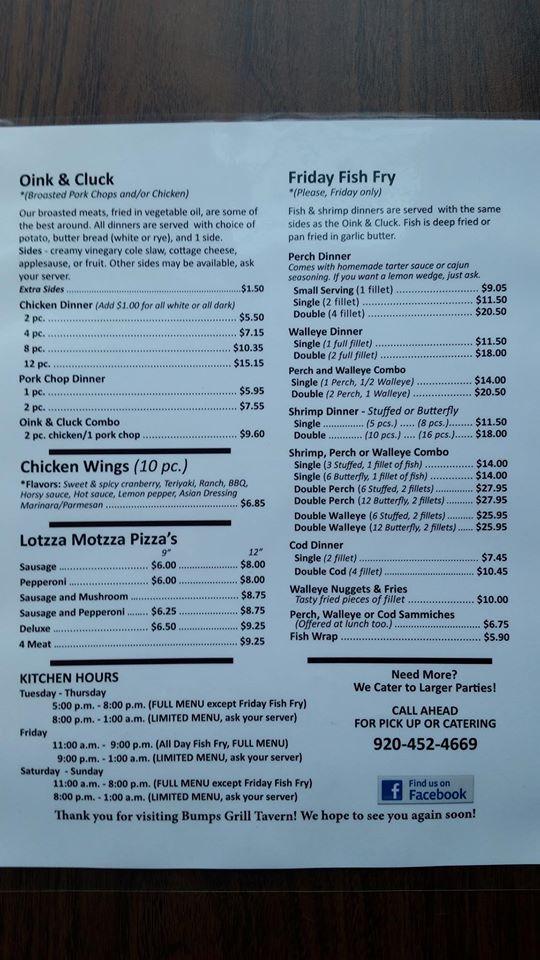 Menu at BUMP'S GRILL TAVERN, HOME OF THE LIARS CLUB, Sheboygan, S 12th St