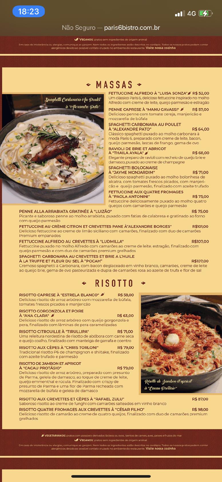 Menu em PARIS 6 RIO restaurante, Rio de Janeiro, Av. Érico Veríssimo