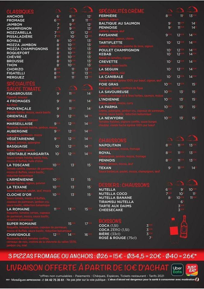 Menu au La cloche d'or pizzeria, Les Pennes-Mirabeau