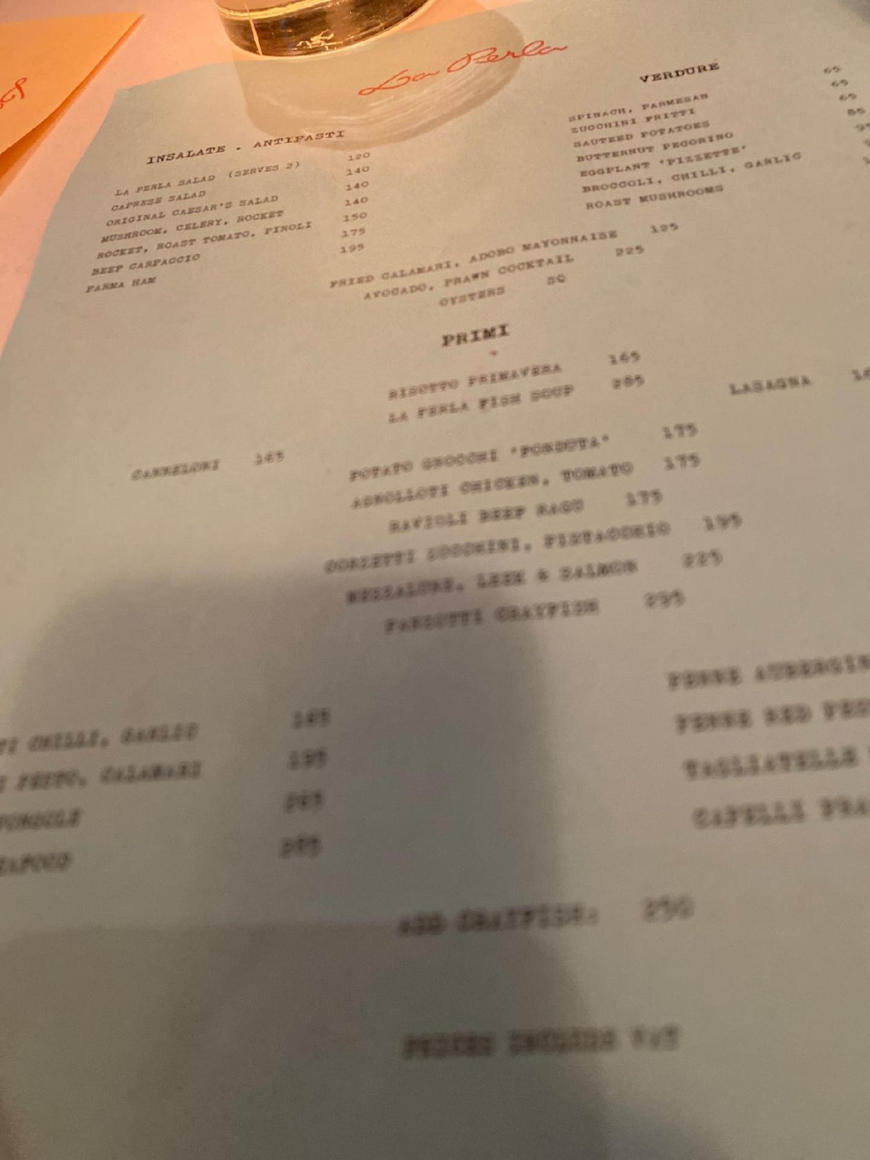Menu at La Perla Restaurant Cape Town, Cape Town