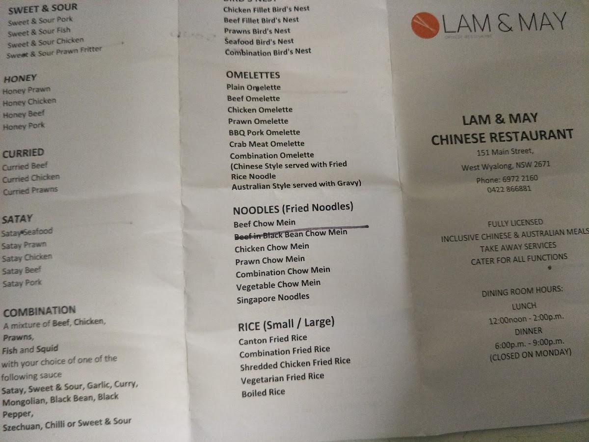 Menu at Lam and May restaurant, West Wyalong