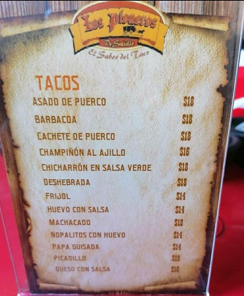Menu at Los Pioneros, Saltillo, Moctezuma 2065