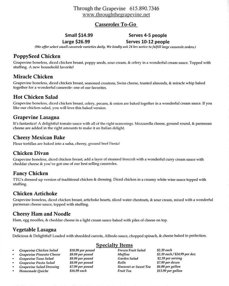 Menu at Through The Grapevine restaurant, Murfreesboro