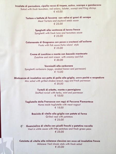 Menu at Bacaro Montenapoleone restaurant, Milan