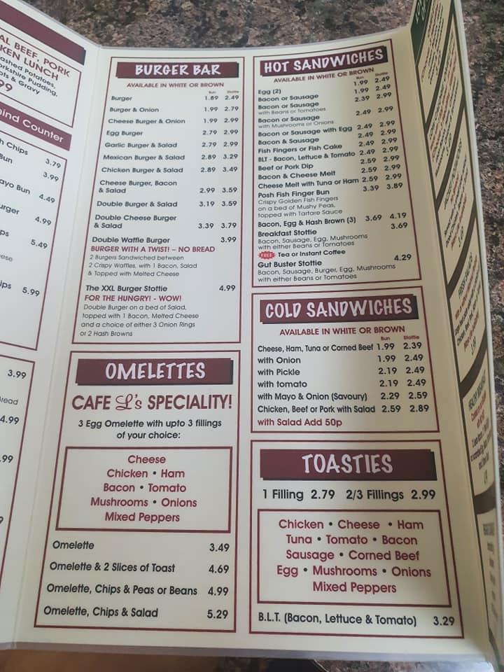 Menu at Cafe L, Hebburn