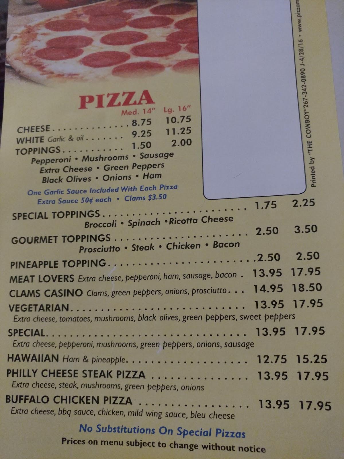 Menu at Charlie's Pizza pizzeria, Claymont