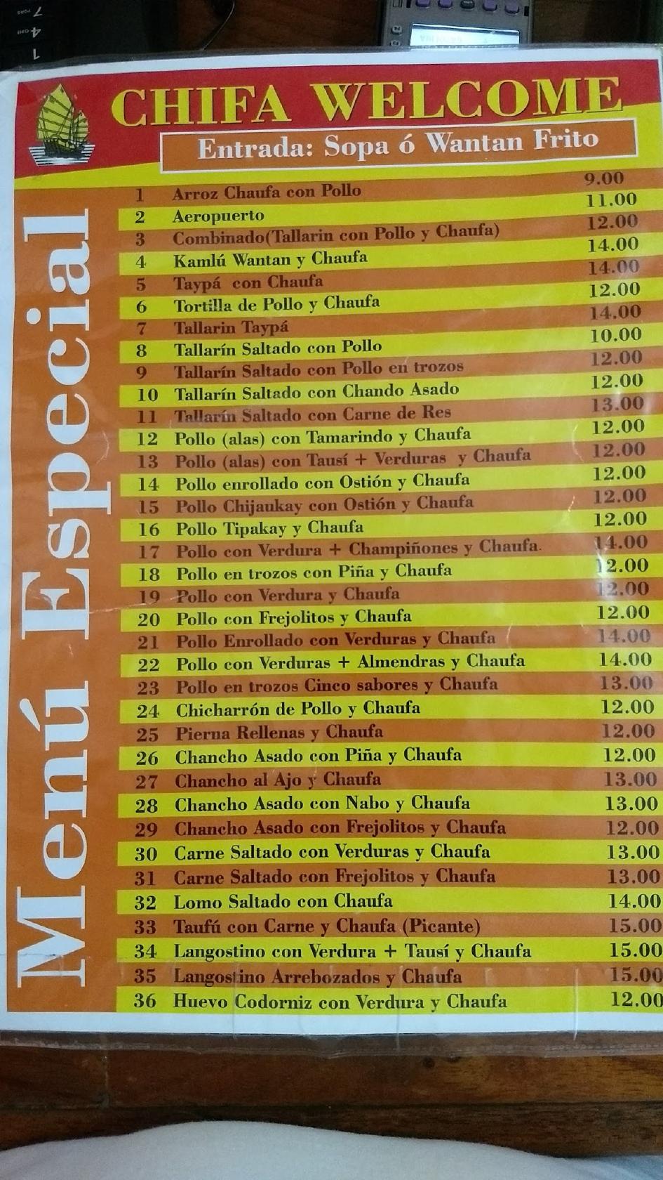 Menu at Chifa Welcome restaurant, Miraflores, C. 2 de Mayo 608