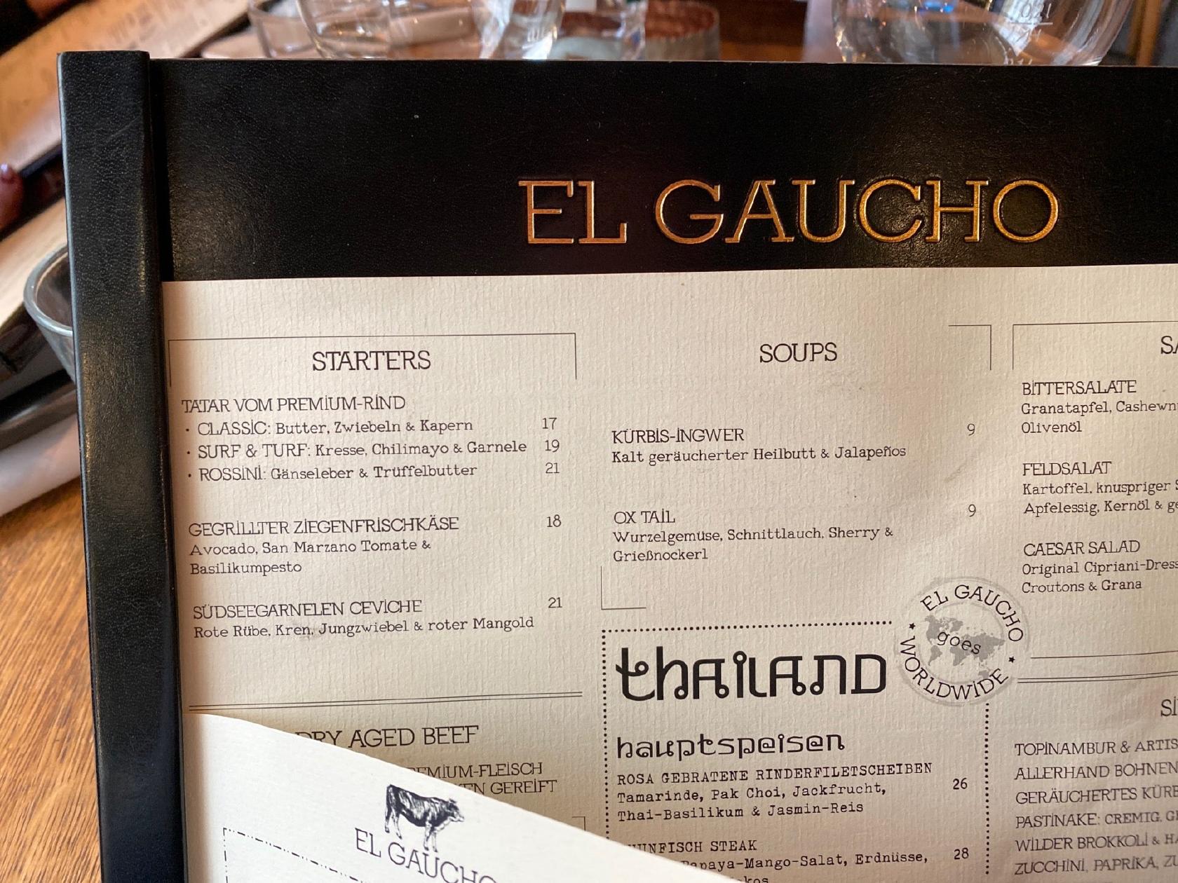 Menu at El Gaucho steakhouse, Munich