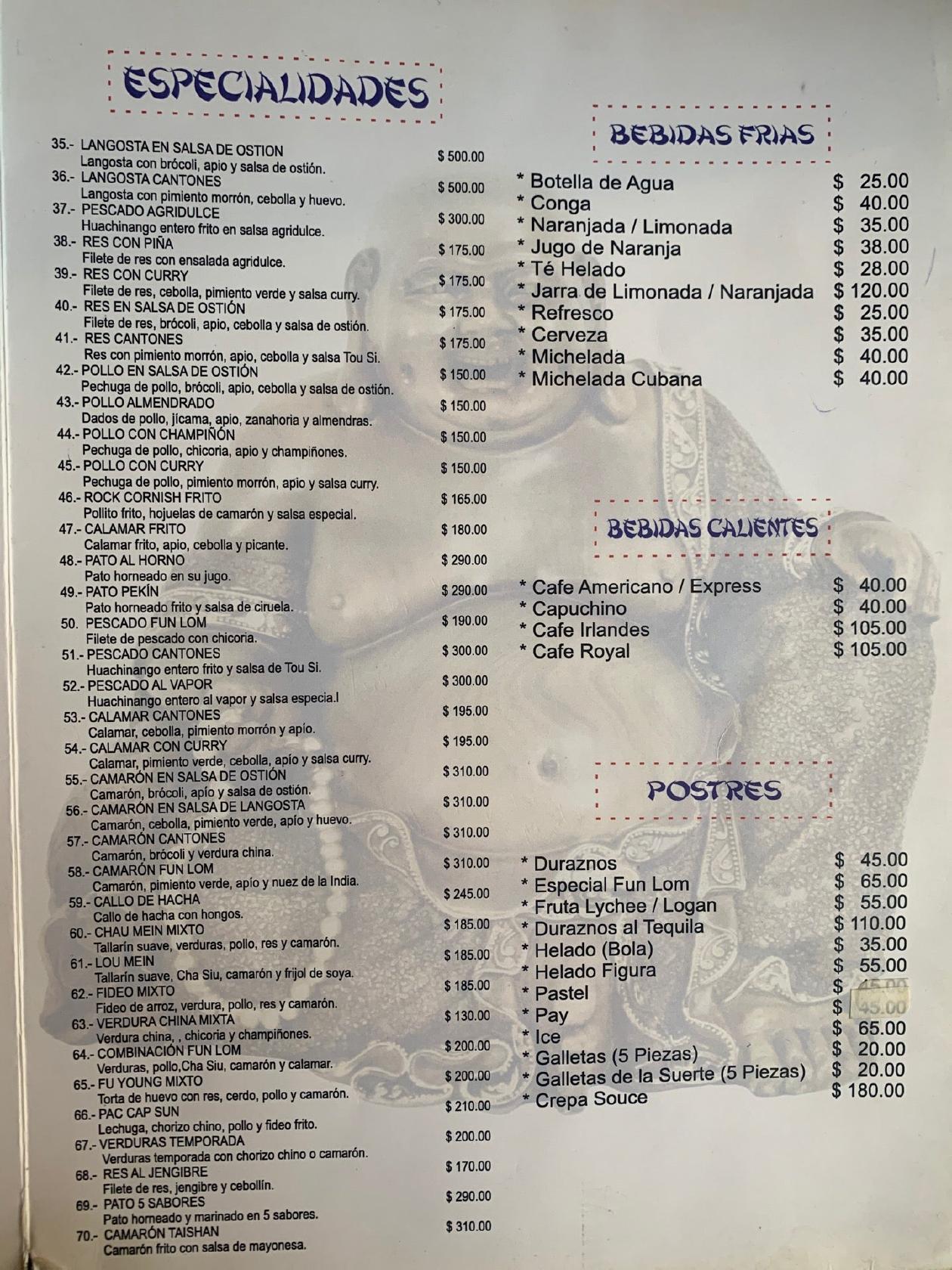 Carta del restaurante Fun Lom, Ciudad del México
