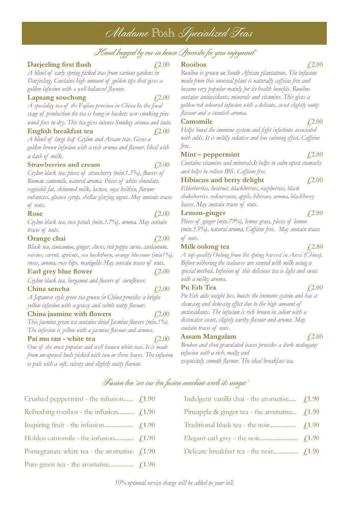 Menu at Madame Posh - Afternoon Tea in Windsor cafe, Windsor