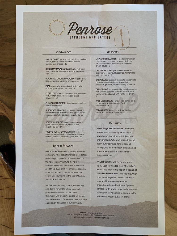 Menu at Penrose Taphouse & Eatery restaurant, Fort Collins
