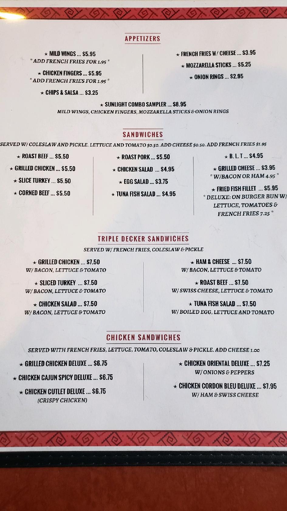 Menu at Sunlight Restaurant, South Saint Paul