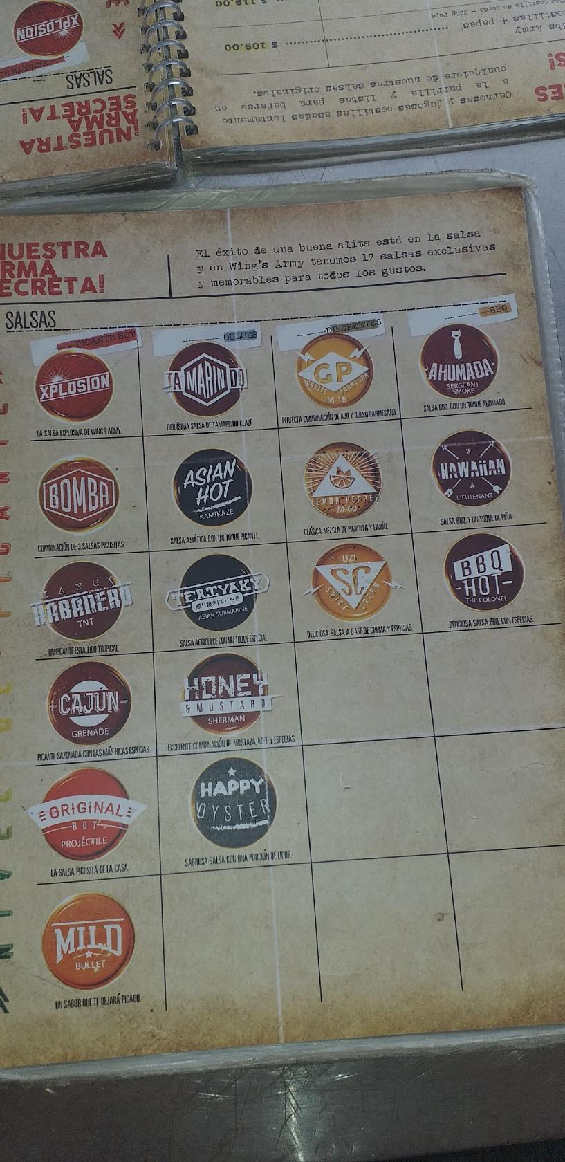 Menu at Wing's Army restaurant, Orizaba, Sur 33 700