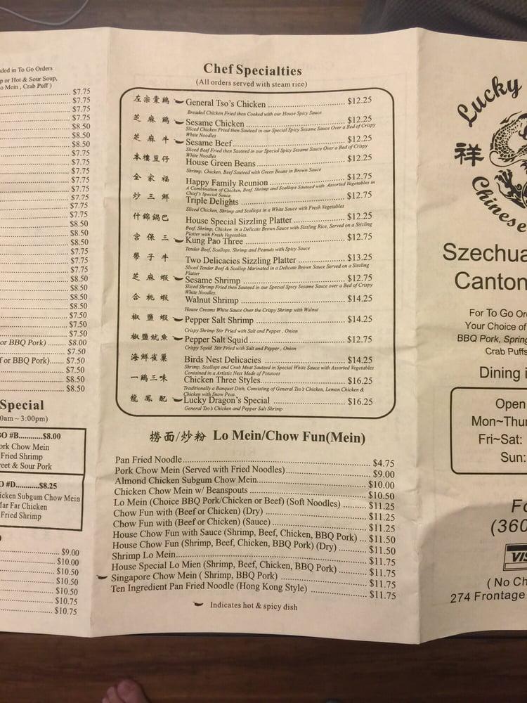 Menu at Lucky Dragon restaurant, Kalama