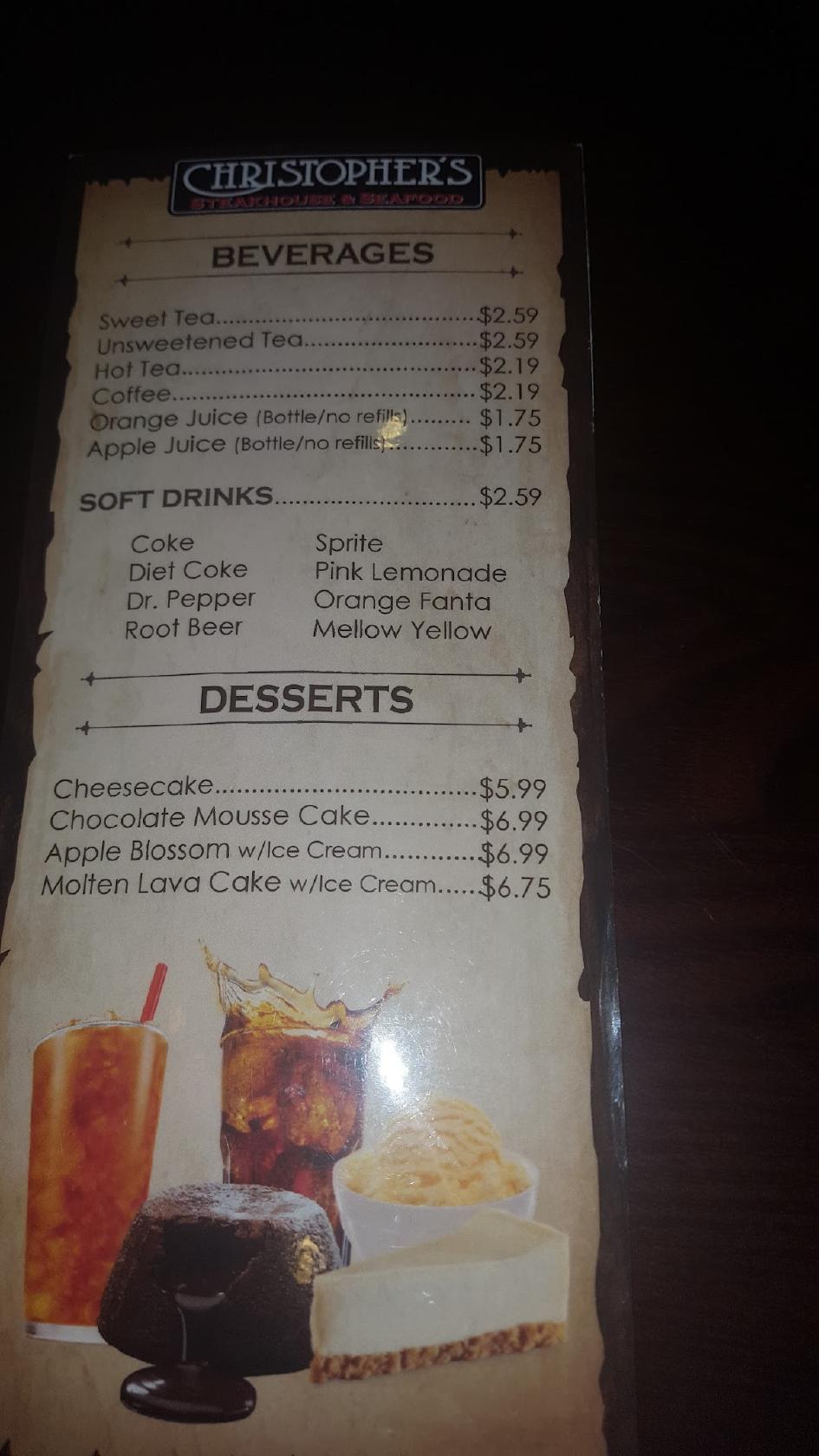 Menu at Christopher's Steakhouse & Seafood, Lumberton