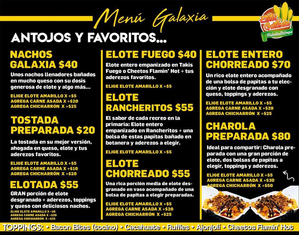 Carta del restaurante Elotes Galaxia, Apodaca