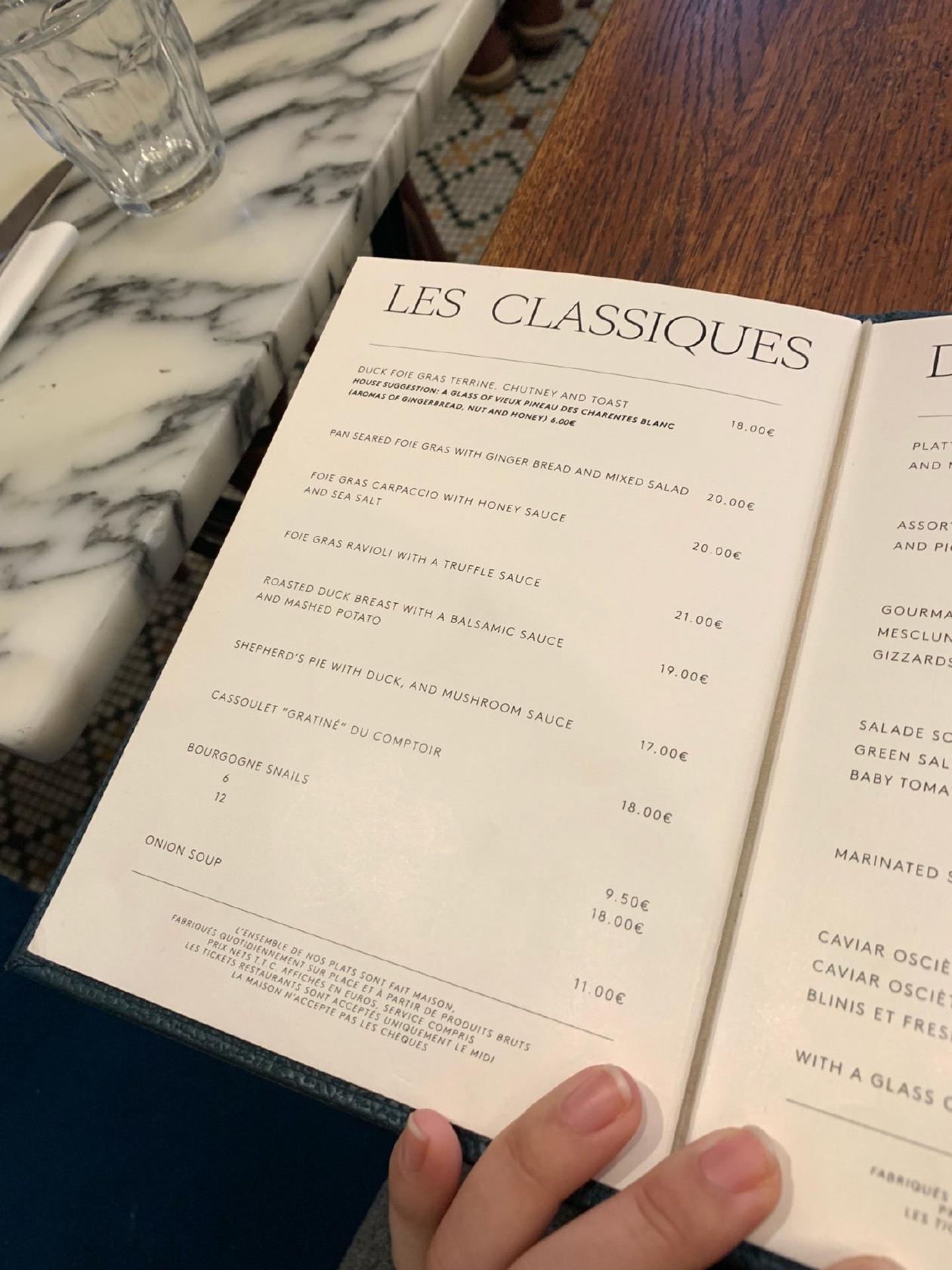 Menu at Le Comptoir de la Gastronomie restaurant, Paris