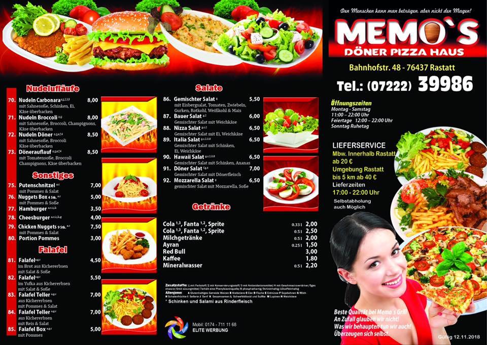 Speisekarte von MEMO'S Döner Pizza Haus, Rastatt