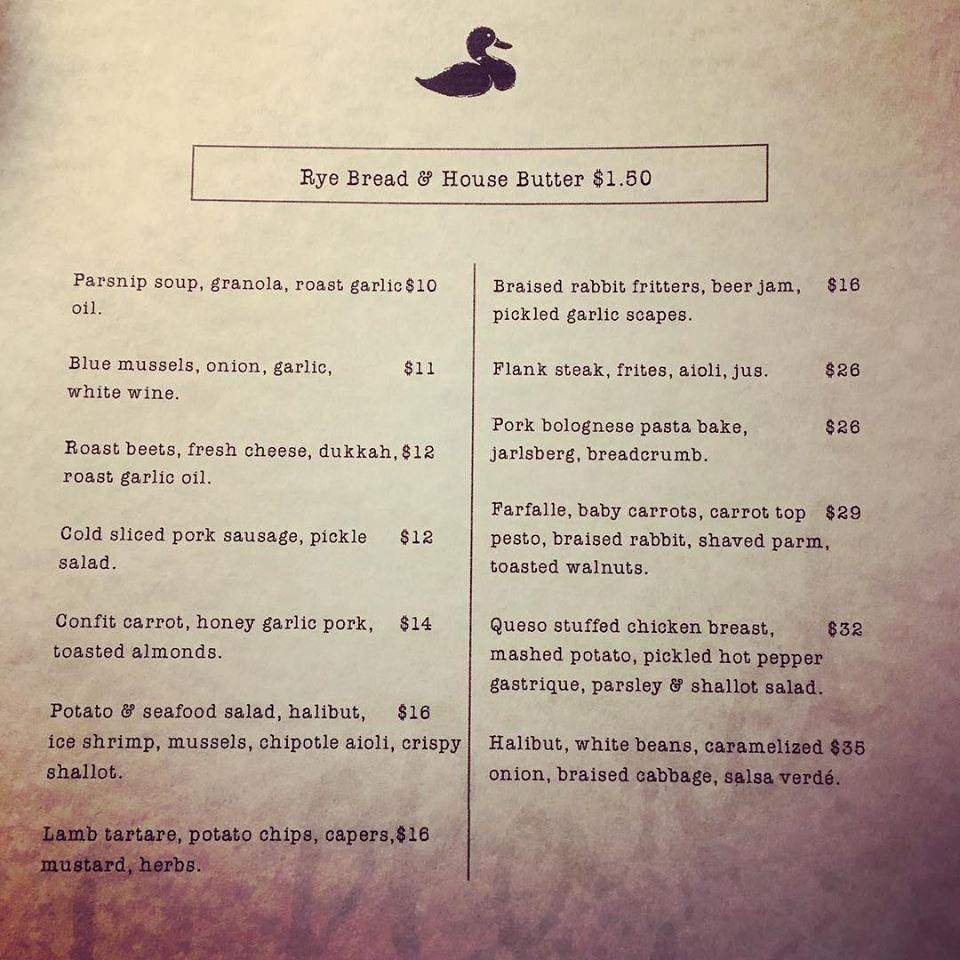 Menu at Mallard Cottage restaurant, St. John's