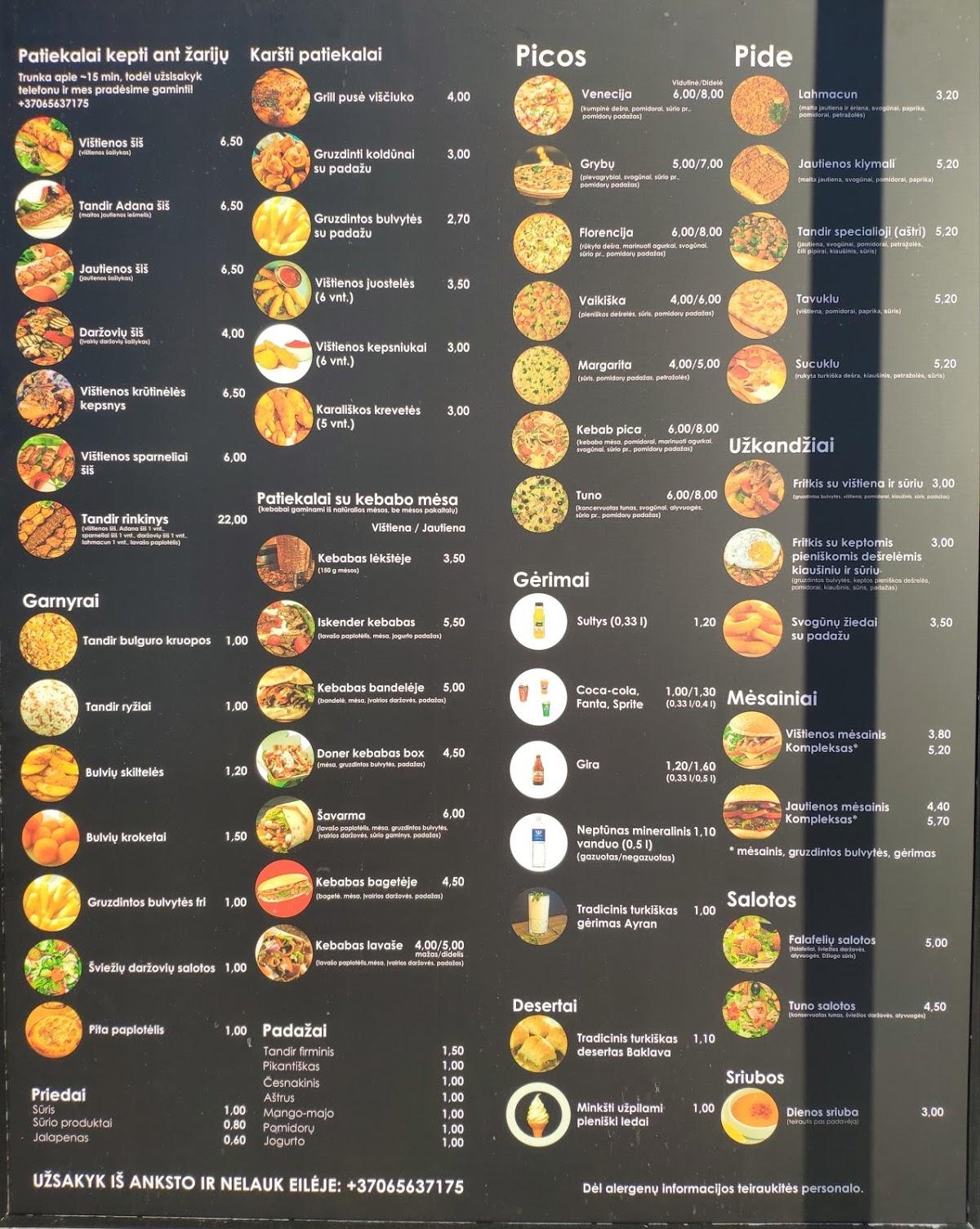 Menu at Tandir restaurant, Šiauliai
