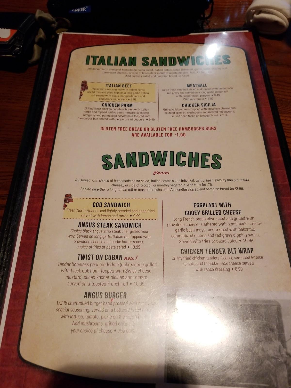 Menu at Tucci's Italian restaurant, Bourbonnais