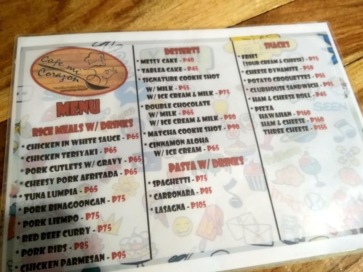 Menu at Café Mi Corazón cafe, Davao City