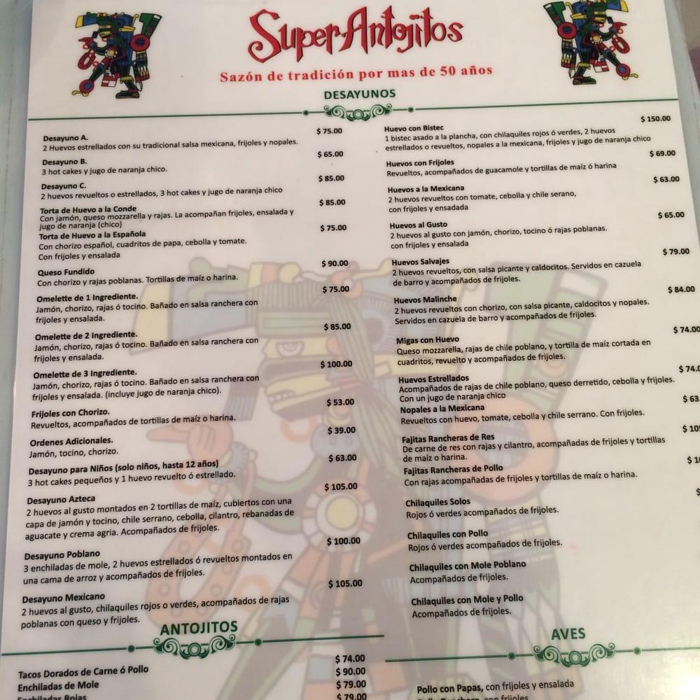Menu at Super Antojitos restaurant, Tijuana, P.º de los Héroes No. 96
