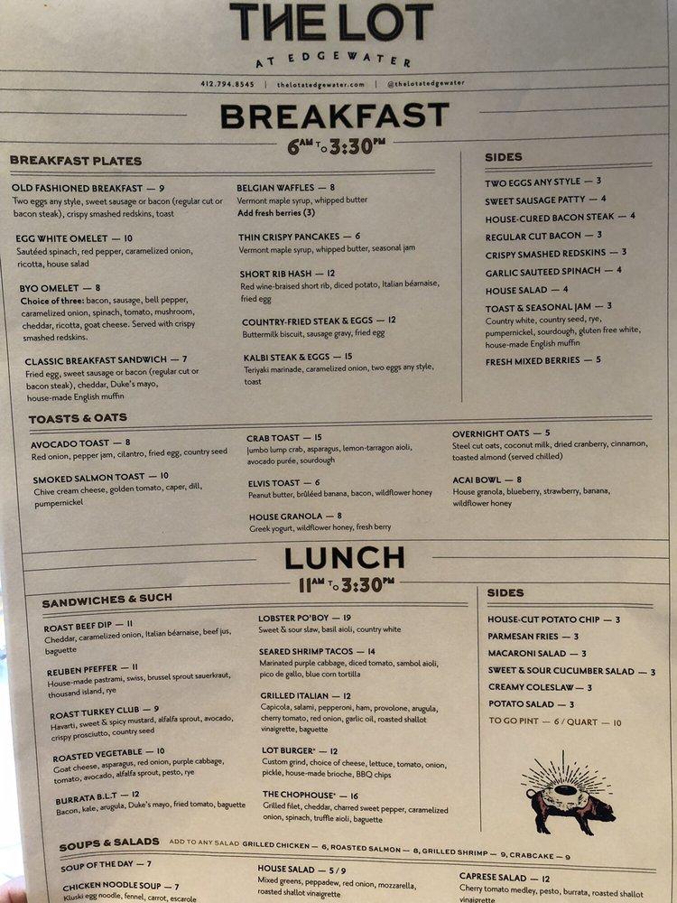 Menu at The Lot at Edgewater restaurant, Oakmont