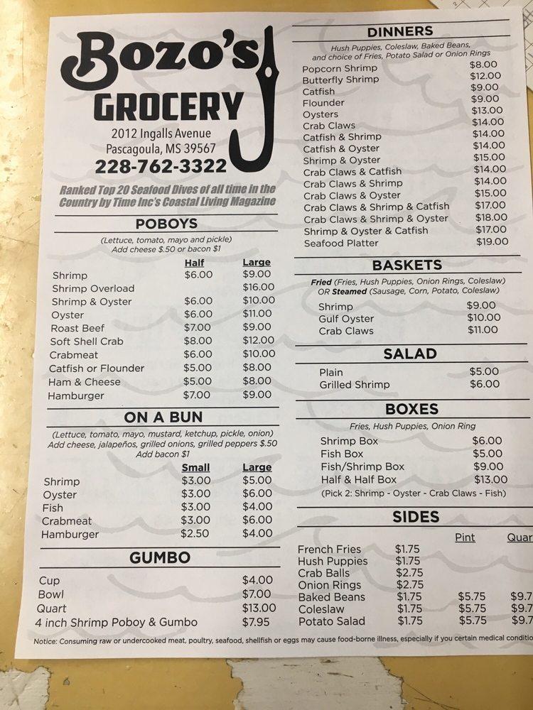 Menu at Bozo's Seafood Market restaurant, Pascagoula
