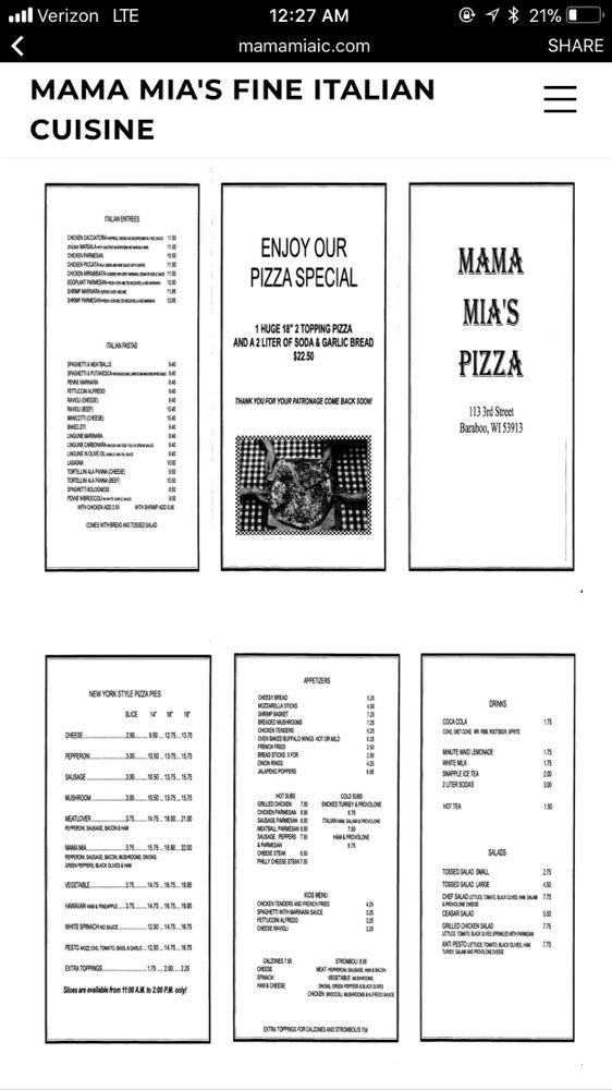 Menu at Mama Mia pizzeria, Baraboo