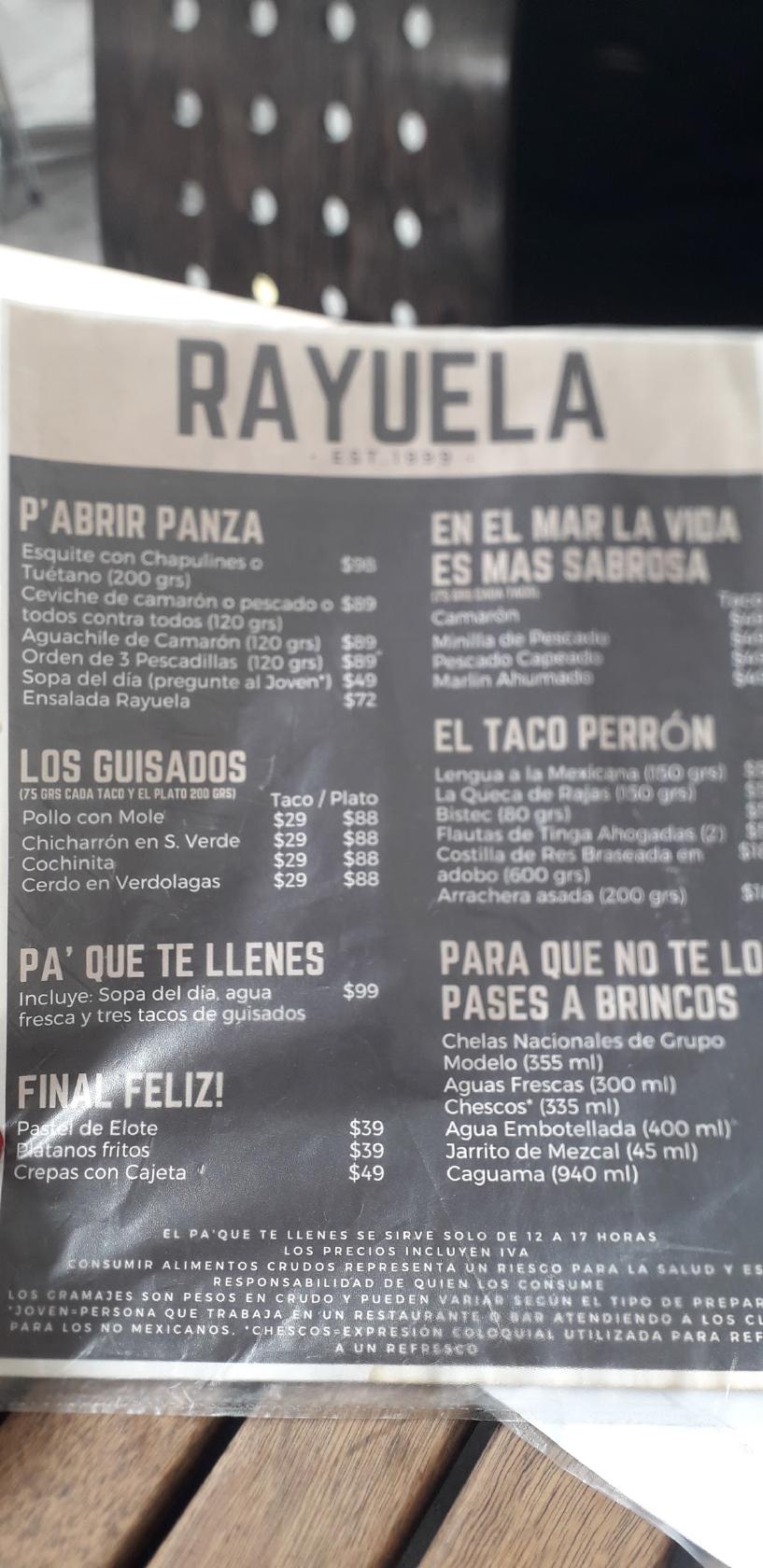 Menu at Rayuela restaurant, Mexico City, Plaza de la Constitución 107