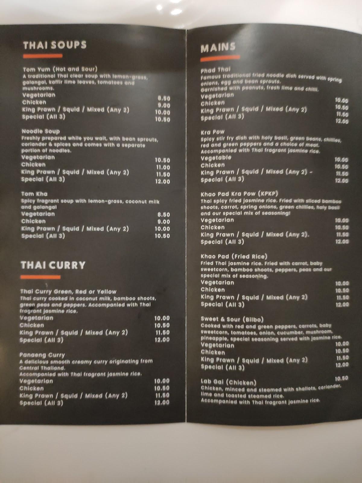 Menu at Thai Shack restaurant, Rawtenstall
