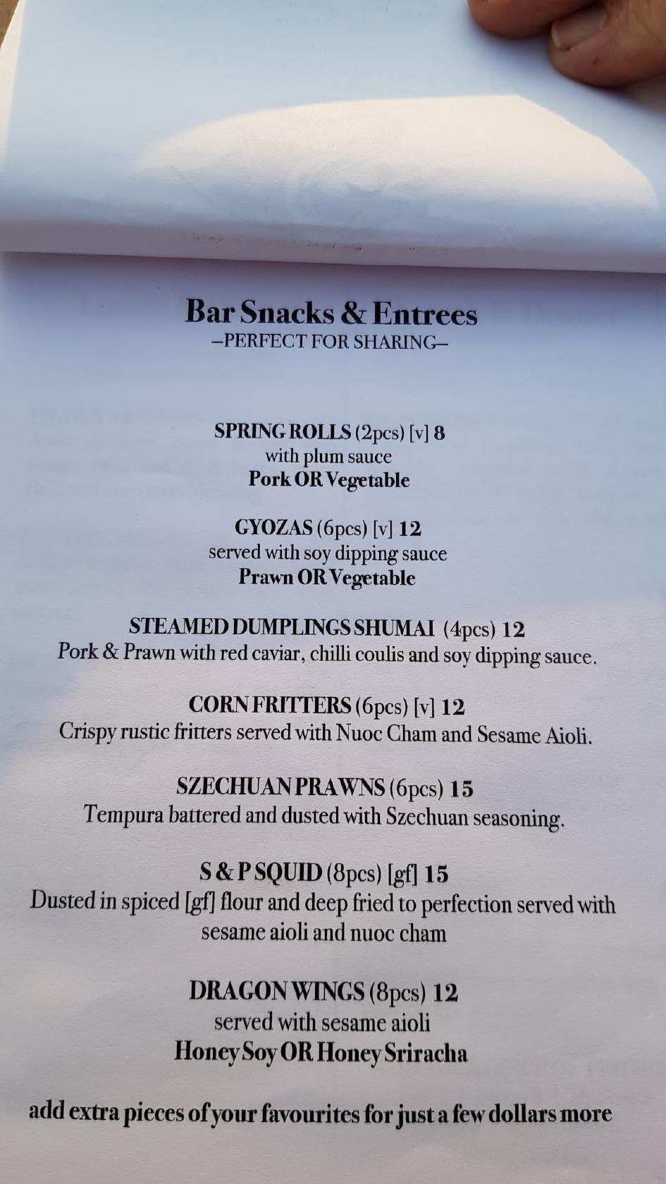 Menu at The Dragon's Den restaurant, Forster