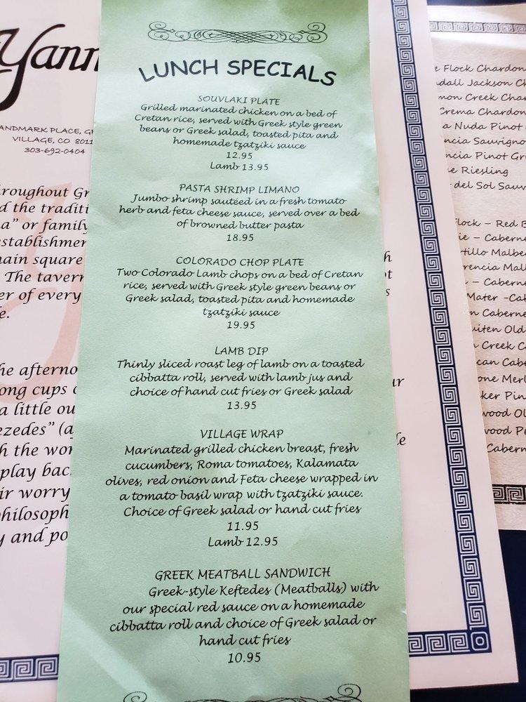 Menu at Yanni's Greek Restaurant, Greenwood Village