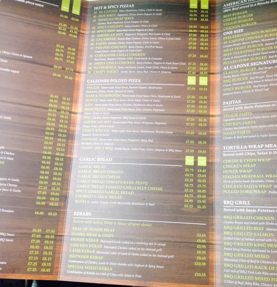 Menu at Al Capone fast food, Hull