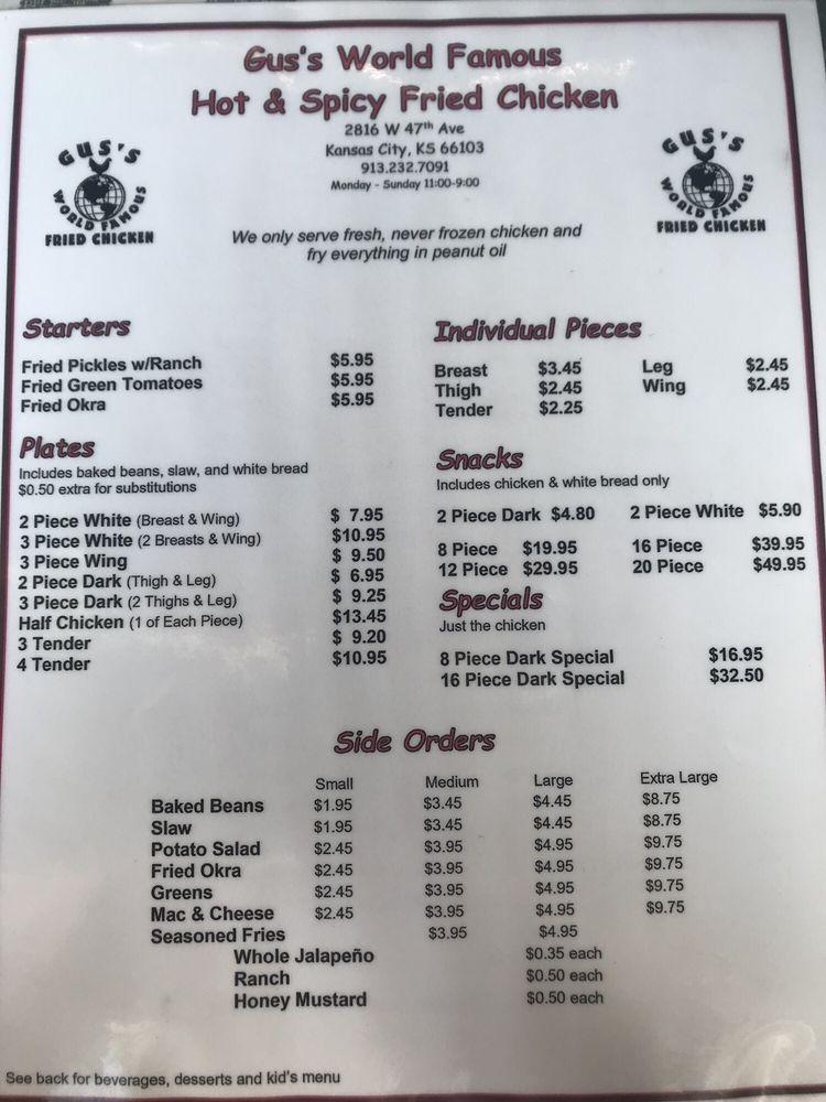Menu at Gus's World Famous Fried Chicken restaurant, Kansas City