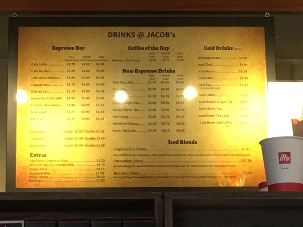 Menu at Jacob's Coffee House, Washington